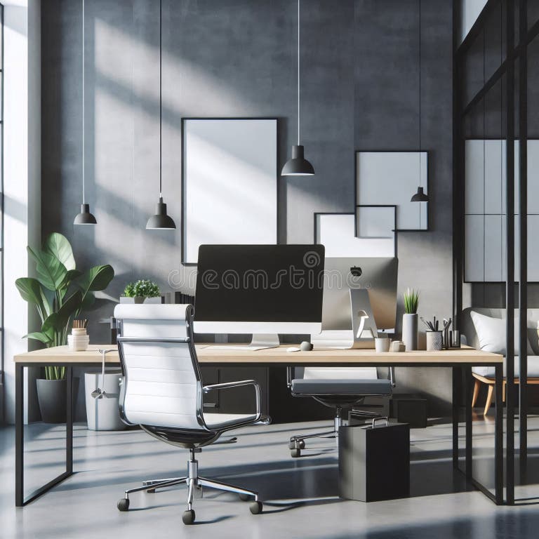 Computer Desk and Lamp in the Interior of a Modern Office Generative Ai ...