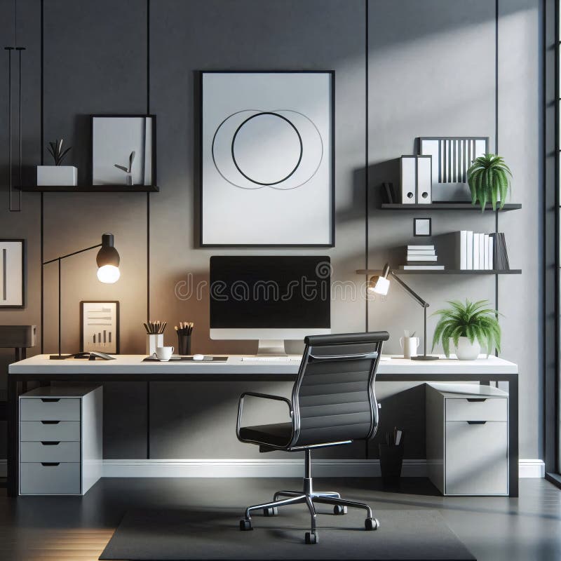 Computer Desk and Lamp in the Interior of a Modern Office Generative Ai ...