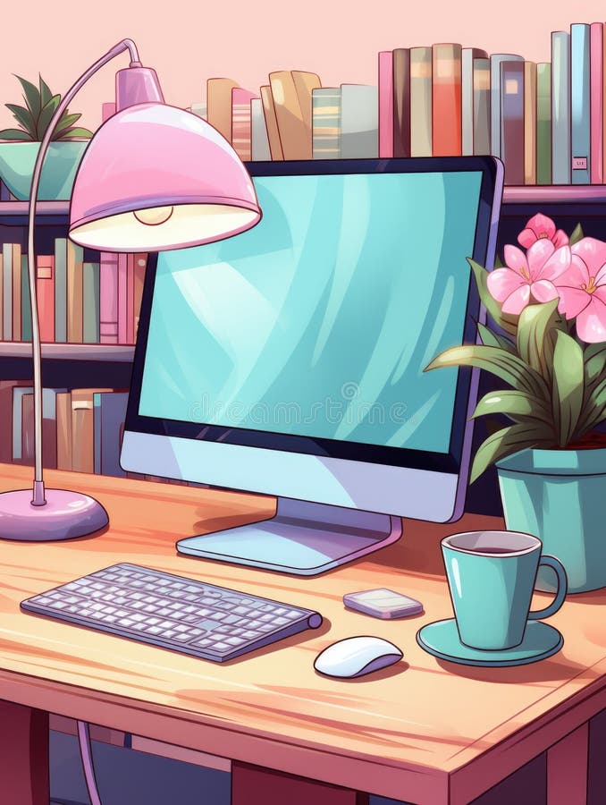 A Computer Desk with a Lamp, Keyboard, and a Plant, AI Stock ...