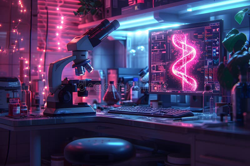 Computer Desk with Microscope and Computer Monitor Generative AI Stock ...