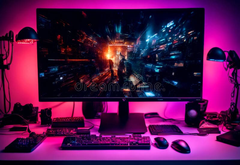 Computer Desk Modern Lights Pc Setup Background Gamer Rgb Three ...