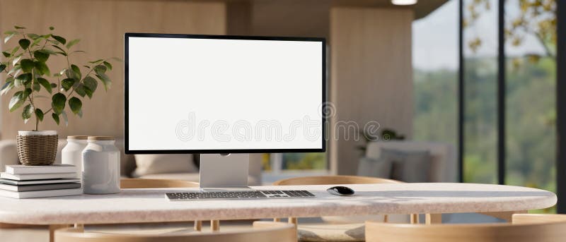 A Computer Desk in a Modern, Luxury Home. a White-screen Computer ...