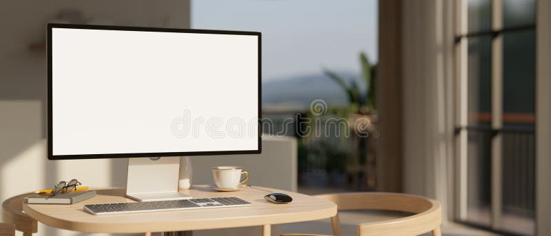 A Computer Desk in a Modern Spacious Room, a White-screen Computer ...