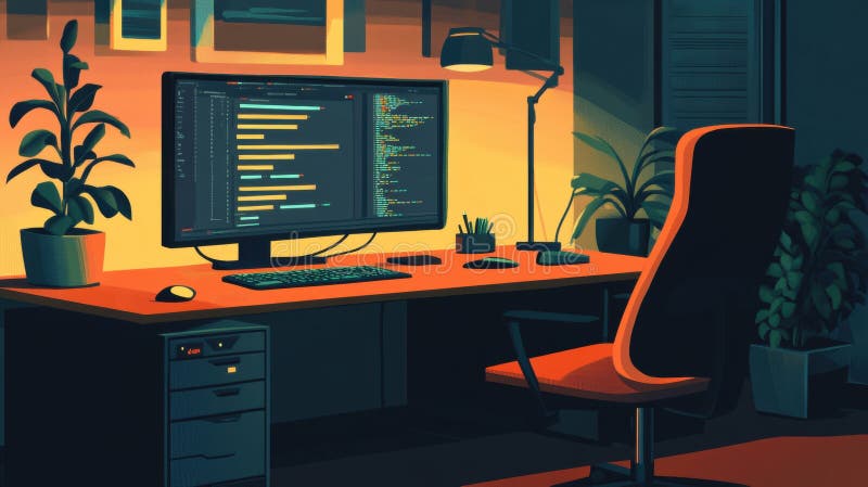 A Computer Desk with a Monitor and a Keyboard Stock Illustration ...