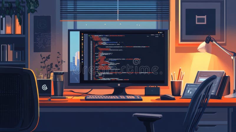 A Computer Desk with a Monitor and Keyboard Stock Illustration ...