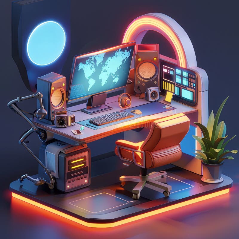 A Computer Desk with a Monitor, Keyboard, and Mouse Stock Illustration ...