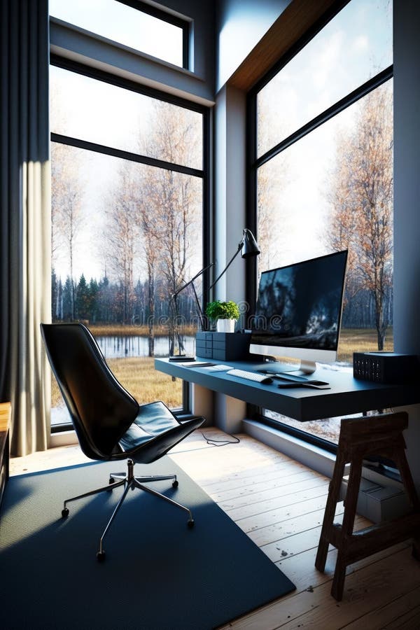 Computer Desk with Monitor, Keyboard and Mouse in Front of Large Window. Generative AI Stock ...
