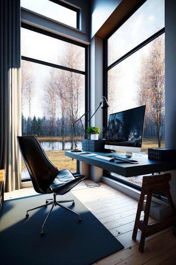 Computer Desk with Monitor, Keyboard and Mouse in Front of Large Window. Generative AI Stock ...