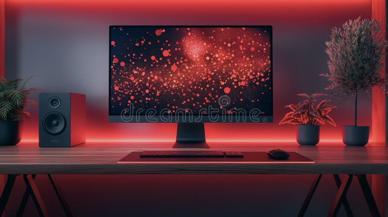 A Computer Desk with a Monitor, Keyboard, and Mouse. the Monitor is on ...