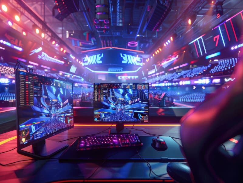 Computer Desk with Monitors and Keyboard Stock Photo - Image of ...