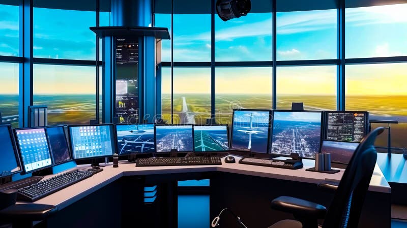 Computer Desk with Multiple Monitors and Keyboard. Generative AI Stock ...