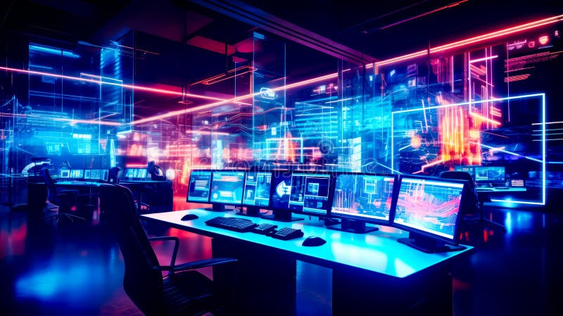 Computer Desk With Multiple Monitors And Keyboard And Mouse In Front Of It Generative Ai Stock