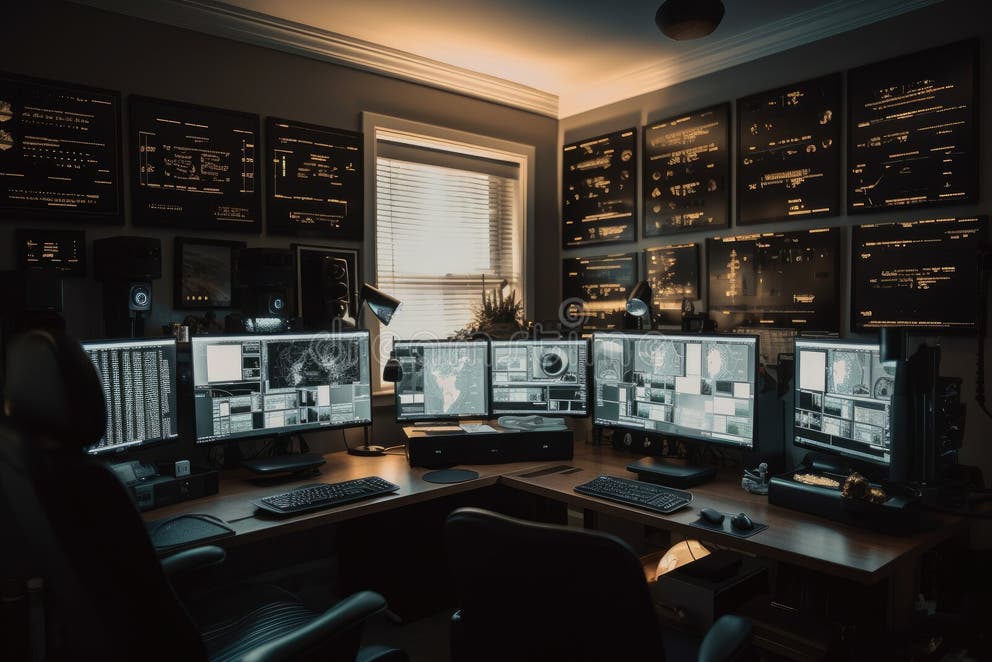 A Computer Desk with Multiple Monitors and Keyboards in a. Generative AI Stock Illustration ...