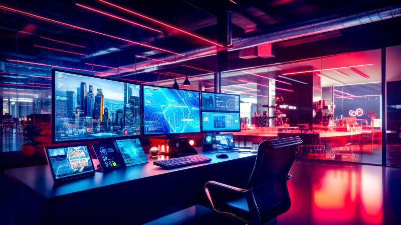 Computer Desk with Multiple Monitors and Laptop on it in Dark Room. Generative AI Stock Photo ...