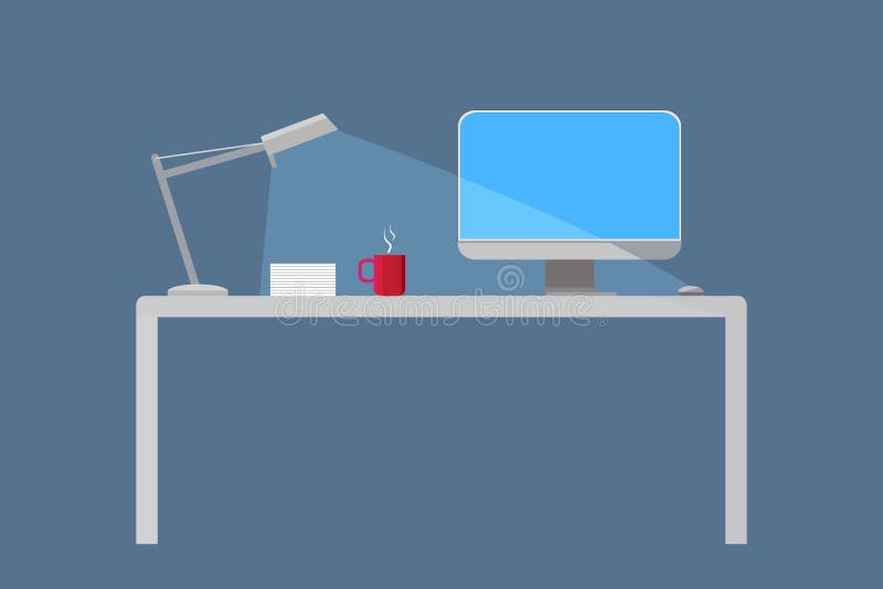 Computer Desk at Night with Light on Stock Vector - Illustration of ...