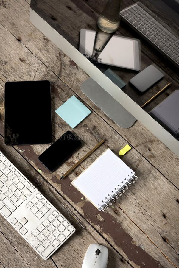 Computer Desk with Phone and Tablet Stock Photo - Image of interior ...