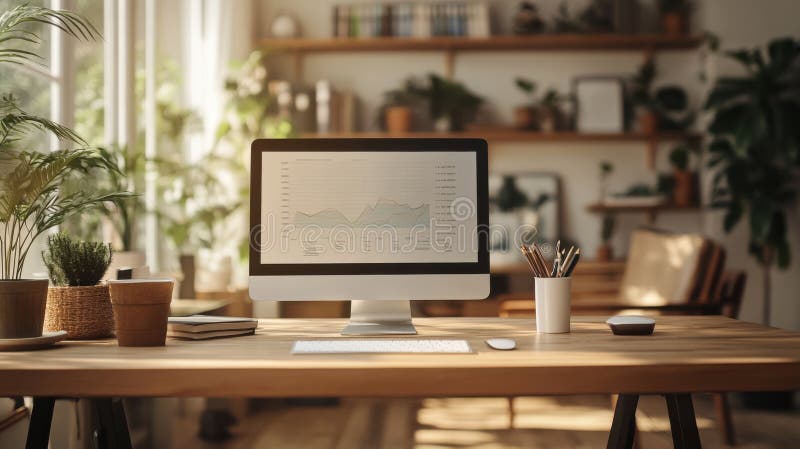 Computer on a Desk with a Plant in the Background Creating a Work ...
