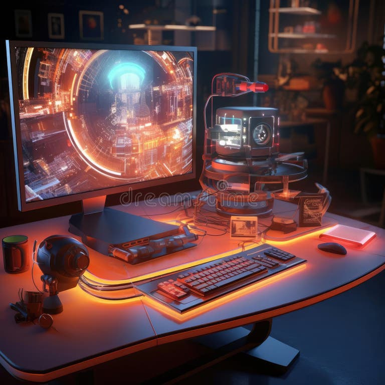 The Computer Desk of the Programmer of the Future Stock Illustration ...