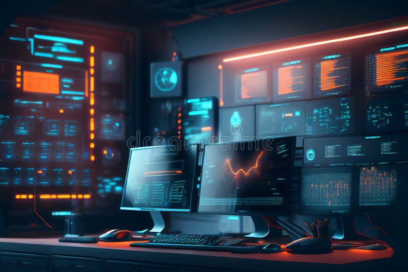 Computer Desk and Screens in an Office Workspace Stock Photo - Image of ...