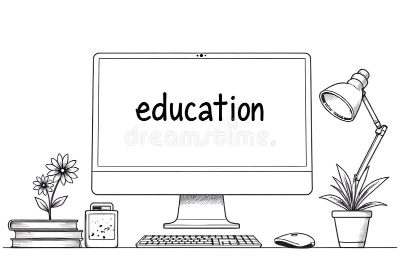 Computer Desk Setup with Education Theme in Hand-drawn Sketch Style on ...