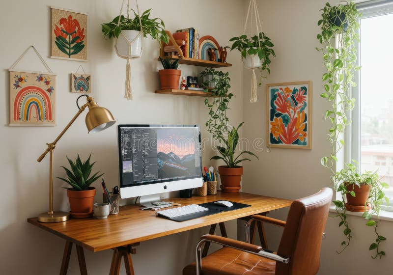 Computer Desk Setup with Plants and Wall Art Decor Stock Illustration ...