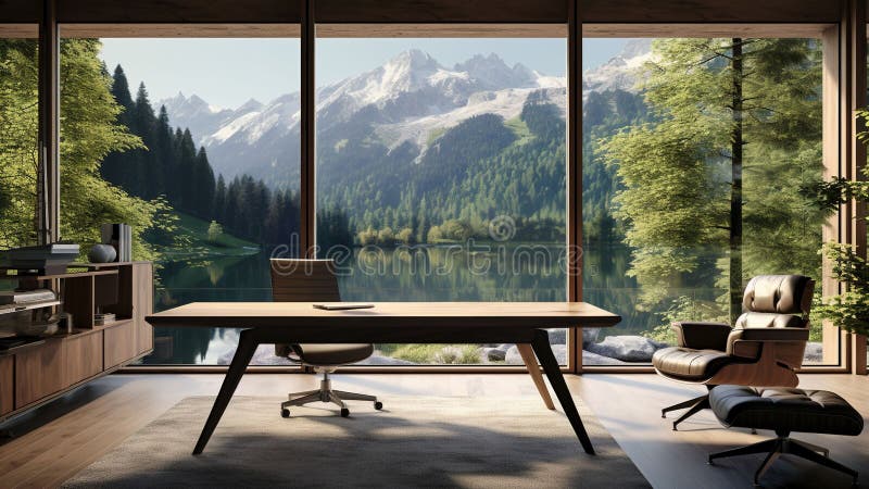 A Computer Desk Sitting in Front of Large Windows Near a Forest Stock ...