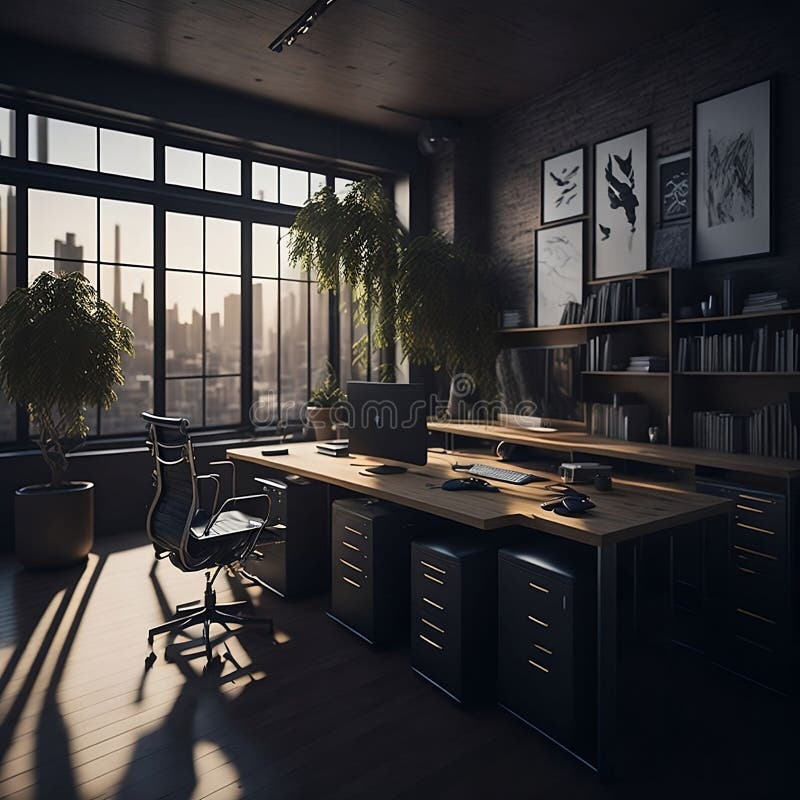 A Computer Desk Sitting Inside of a Room Next To a Book Case Stock ...