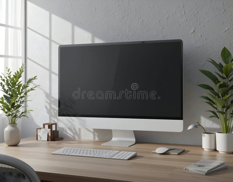 Computer on Desk with Sunlight Casting Shadows in Office Space Stock ...