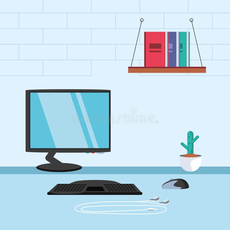 Computer Desk with Supplies Office in the Workplace Stock Illustration ...