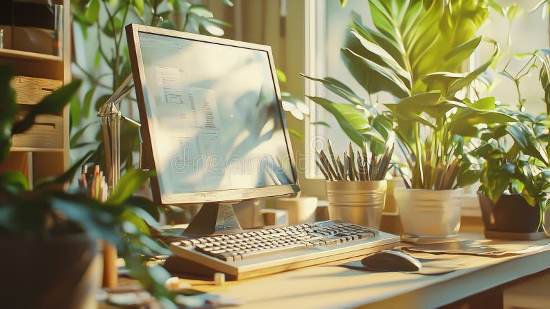 Computer Desk Surrounded by Indoor Plants with Natural Sunlight Stock ...
