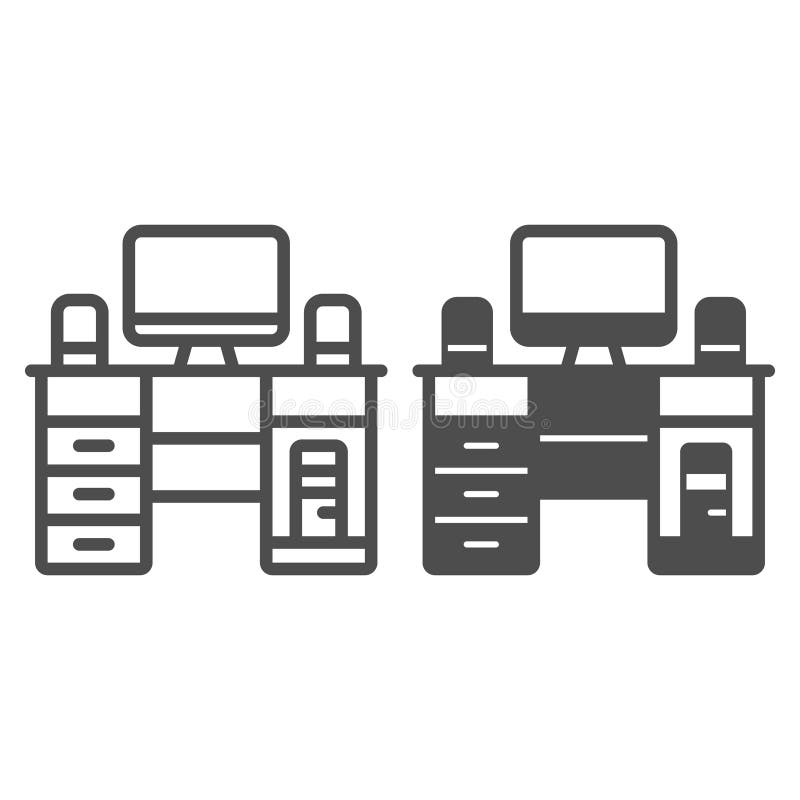 Computer Desk with System Unit and Monitor Line and Solid Icon, House ...