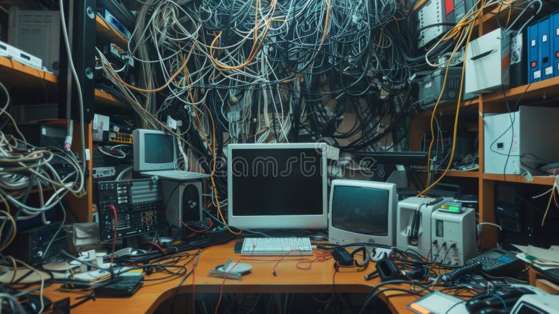 Computer Desk with a Tangled Web of Wires Stock Photo - Image of mouse ...