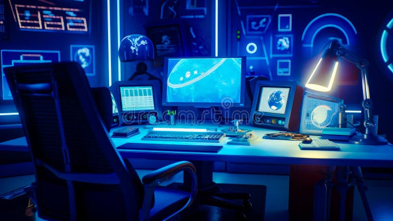 Computer Desk with Two Monitors and Keyboard. Generative AI Stock Photo ...