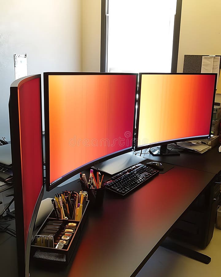 A Computer Desk with Two Monitors and a Keyboard Stock Photo - Image of ...