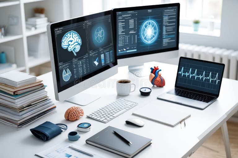 Computer Desk with Two Monitors, a Laptop, a Keyboard, a Mouse, a ...