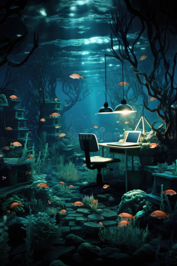 A Computer Desk in an Underwater World with Fish. Generative AI Image ...