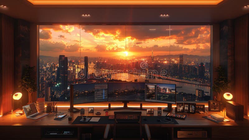 A Computer Desk with a View of a City and a Sunset Stock Image - Image ...