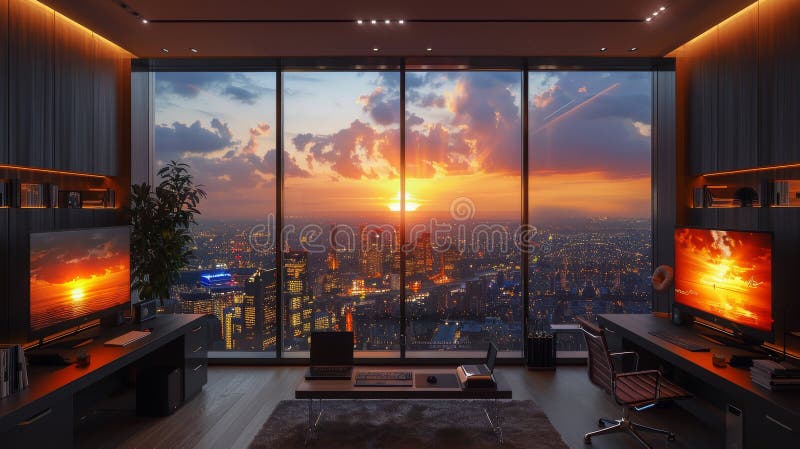 A Computer Desk with a View of a City and a Sunset Stock Image - Image ...