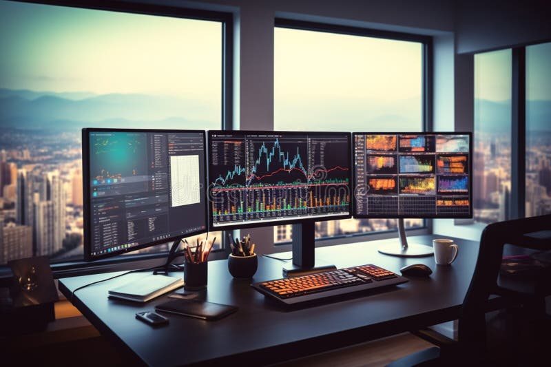 From a Computer Desk, View Financial Data on Multiple Screens in an ...