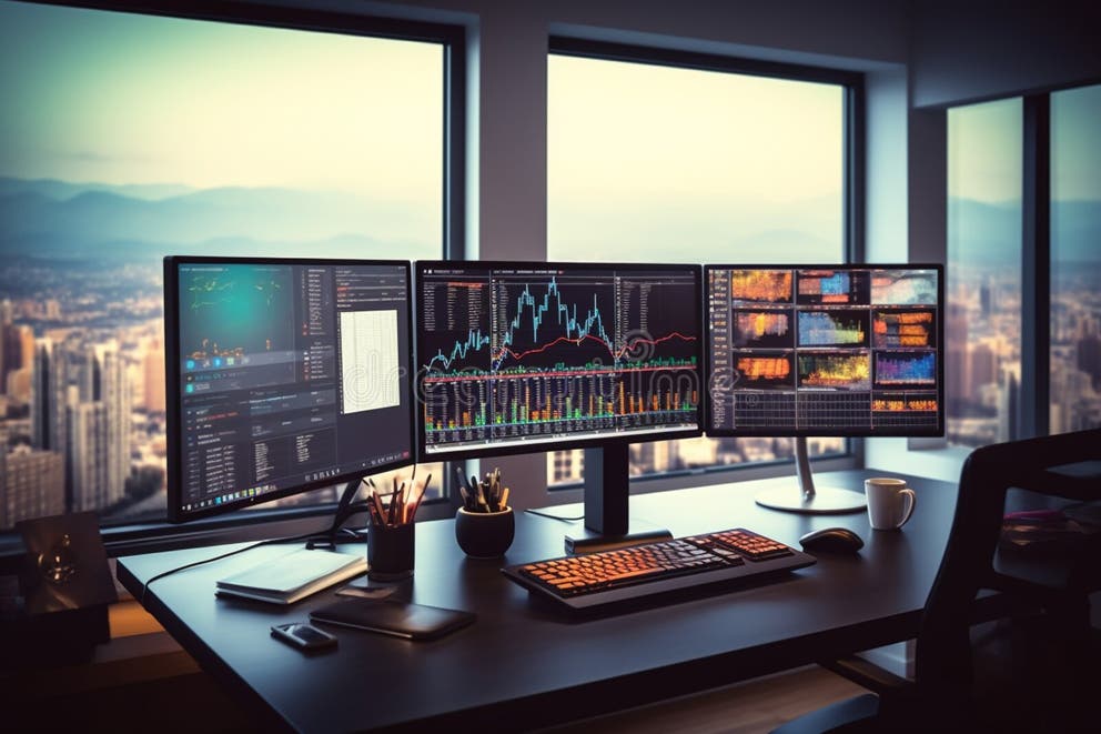 From a Computer Desk, View Financial Data on Multiple Screens in an ...