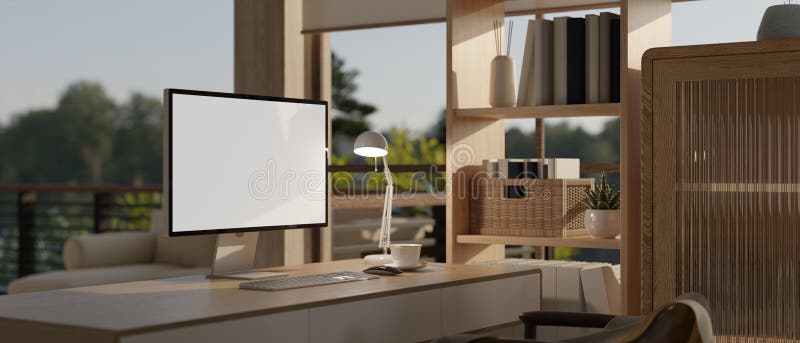 A Computer Desk with a White Screen Computer Mockup in a Modern ...