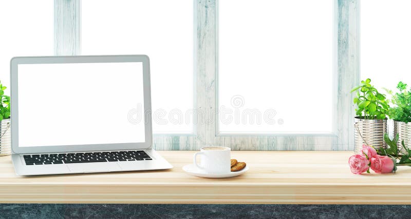 Computer on Desk and Window, Cup of Coffee Stock Illustration ...