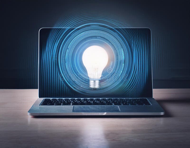 Computer on Desktop with Bulb Icon Hologram. Concept of Idea Stock ...
