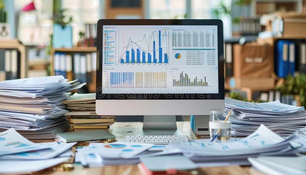 A Computer Desktop Full of Documents with a Screen Showing Charts and ...