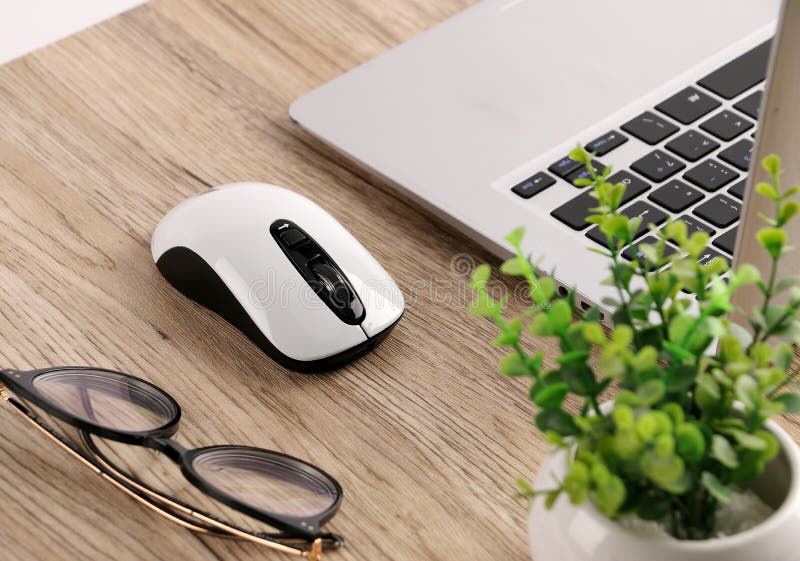 Computer Desktop with White Keyboard and Mouse on Working Desk Stock ...