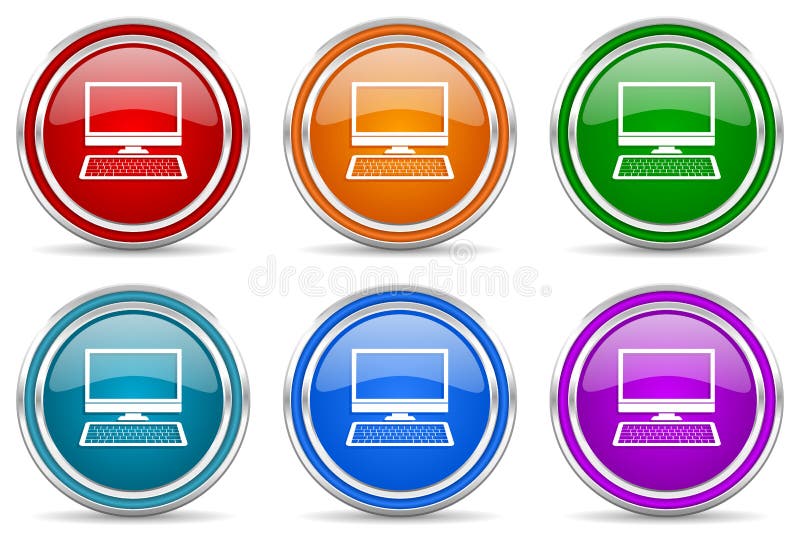 Computer, Desktop Silver Metallic Glossy Icons, Set of Modern Design ...
