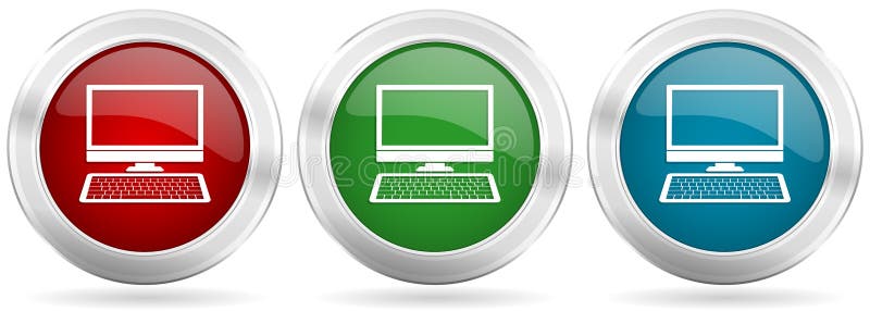 Computer, Desktop Vector Icon Set. Red, Blue and Green Silver Metallic ...
