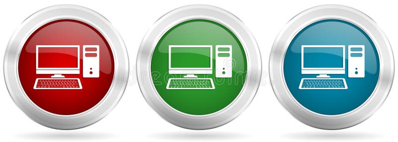 Computer, Desktop Vector Icon Set. Red, Blue and Green Silver Metallic ...