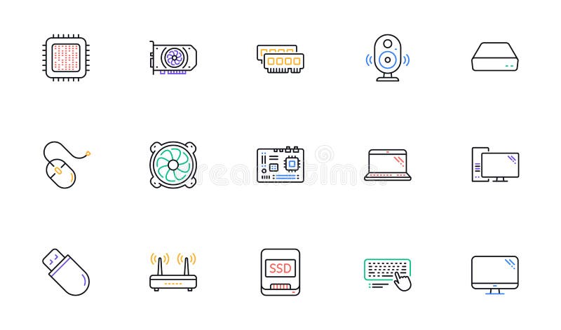 Computer Device Line Icons. Motherboard, CPU and Laptop. Linear Icon ...