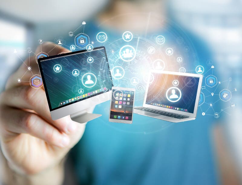 Computer and Devices Displayed on a Futuristic Interface with Bu Stock ...